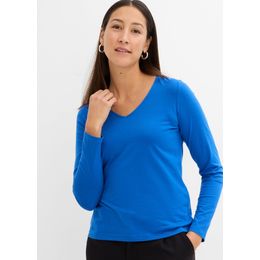 Langarmshirt bonprix, Damen, Gr. 44/46 (L), arktikblau, Jersey, Obermaterial: 95% Baumwolle, 5% Elasthan, unifarben, schmal Po-bedeckend, V-Ausschnitt, Shirts Langarmshirt, schmal geschnittene Passform, V-Ausschnitt