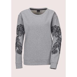 Madeleine Mode Langarmshirt MADELEINE "Sweatshirt Besticktes Sweatshirt mit Glanzeffekt", Damen, Gr. 42, schwarz (graumelange, schwarz), Obermaterial: 84% Baumwolle CO. 16% metallisierte Fasern MTF., Modern, normal, Shirts Langarmshirt