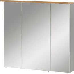 Spiegelschrank Schildmeyer "Profil", grau (platingrau, eichefarben landhaus), B:70cm H:73cm T:23cm, Holzwerkstoff, Schr&auml;nke, Spiegelschrank, Breite 70 cm, 3-t&uuml;rig, LED-Beleuchtung, Schalter-/Steckdosenbox