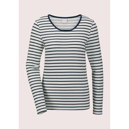 Madeleine Mode Langarmshirt MADELEINE "Ringelshirt Kurzes Rundhals-Shirt", Damen, Gr. 34, wei&szlig; (wollwei&szlig;, marine), Obermaterial: 95% Viskose CV. 5% Elasthan EL., Modern, normal, Shirts Langarmshirt
