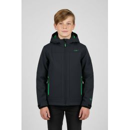 Softshelljacke CMP "KID SOFTSHELL JACKET FIX HOOD", Jungen, Gr. 164, schwarz (antracite, de), Softshell, Obermaterial: 96% Polyester, 4% Elasthan. Futter: 100% Polyester, hoch geschlossener Ausschnitt, eingesetzt,mit &Auml;rmeleinsatz angesetztes B&uuml;ndchen mit Klettverschluss,verstellbar, Jacken Softshelljacke, mit Clima Protect Membran, wasserabweisend, atmungsaktiv