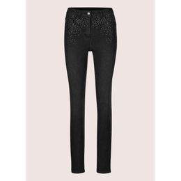 Madeleine Mode Regular-fit-Jeans MADELEINE "Jeans Slim Fit Denim mit Strass", Damen, Gr. 18, K-Gr, schwarz (schwarz denim), Obermaterial: 79% Baumwolle CO. 18% Polyester PES. 3% Elasthan EL., Jeans Regular-fit-Jeans