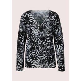 Madeleine Mode Longpullover MADELEINE "Druckpullover V-Pullover mit Unikat-Print", Damen, Gr. 34, schwarz (schwarz, steingrau), Obermaterial: 100% Schurwolle WV., Modern, normal, Pullover Longpullover