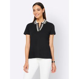 Poloshirt Heine "Shirt", Damen, Gr. 50, schwarz, 95% Baumwolle, 5% Elasthan, gemustert, unifarben, V-Ausschnitt, Shirts Poloshirt