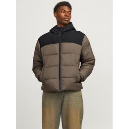 Jack & Jones Steppjacke JACK & JONES "JJMOON HOOD PUFFER", Herren, Gr. S, braun (canteen detail:blocking), Web, Obermaterial: 100% Polyester, normal, elastischer Bund, Jacken Steppjacke