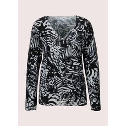 Madeleine Mode Longpullover MADELEINE "Druckpullover V-Pullover mit Unikat-Print", Damen, Gr. 40/42, schwarz (schwarz, steingrau), Obermaterial: 100% Schurwolle WV., Modern, normal, Pullover Longpullover