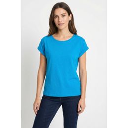 T-Shirt bonprix "Boxy-Shirt", Damen, Gr. 44/46 (L), blau (azurblau), Web, Obermaterial: 100% Baumwolle, unifarben, figurumspielend normal, Rundhals, Aufschlag, Shirts T-Shirt, lockere, figurumspielende Passform, Kurzarm, Rundhalsausschnitt