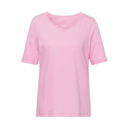 Langarm-Poloshirt GOLDNER "Kurzgr&ouml;&szlig;e Halbarm Basic-Shirt aus Baumwolle", Damen, Gr. 24, rosa (geranie), Obermaterial: 95% Baumwolle CO. 5% Elasthan EL., Tubular, Shirts Langarm-Poloshirt, Ausschnitt in Herzform mit Schmucksteinen verziert