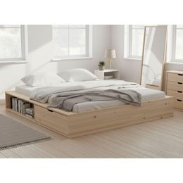 Massivholzbett OTTO HOME "Erno, TOPSELLER, Stauraumbett Futonbett, 275KG belastbar", beige (naturbelassen), B:223,5cm H:30,5cm L:204cm, Betten, Massivholzbett, mit Lattenrost, FSC zertifiziert, viel Stauraum + Ablagen