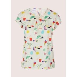 Madeleine Mode Shirtbluse MADELEINE "Blusenshirt Druckbluse mit sommerlichem Print", Damen, Gr. 46, wei&szlig; (wollwei&szlig;, multicolor), Obermaterial: 97% Polyester PES. 3% Elasthan EL., Modern, figurumspielend, Blusen Shirtbluse, Nackenschliz