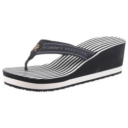Dianette Tommy Hilfiger "TH STRIPES WEDGE BEACH SANDAL", Damen, Gr. 42, blau (dunkelblau), Textil, Schuhe Dianette, Zehentrenner, Sommerschuh mit gestreifter Innensohle