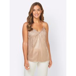 Blusentop Heine, Damen, Gr. 38, beige, 47% Seide, 44% Viskose, 9% Elasthan, unifarben, V-Ausschnitt, Blusen Blusentop