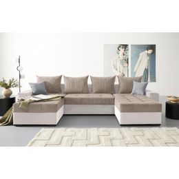 Wohnlandschaft Collection AB "Josy XL U-Form, B: 313 cm in Cord, Cord-Mix", grau (taupe), B:313cm H:84cm T:161cm, 100% Polyester, Sofas, Wohnlandschaft, mit Bettfunktion, Bettkasten & 2 Zierkissen, Federkern