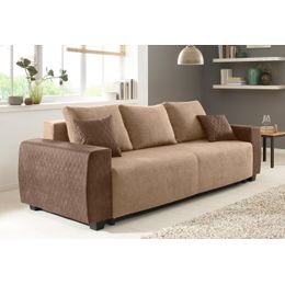 Schlafsofa Home Affaire "Bella, B: 241 cm, Liegefl. 142x194 cm", braun (hellbraun), B:241cm H:90cm T:94cm, Struktur fein/Luxus-Microfaser Vintageoptik (Armlehne) (100%Polyester);Microfaser PRIMABELLE/Luxus-MicrofaserVintageoptik (Armlehne) (100%Polyester), Sofas, Schlafsofa, mit Bettfunktion, Bettkasten & 2 Zierkissen, Federkern