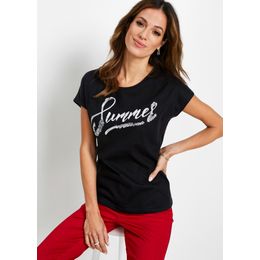 T-Shirt bonprix "Shirt mit Pailletten", Damen, Gr. 56/58 (XXXL), schwarz (schwarz, silber bedruckt), Obermaterial: 100% Baumwolle, loose fit, Shirts T-Shirt, lockere Passform, Kurzarm, aus Baumwolle