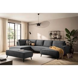 Wohnlandschaft Home Affaire "Tvinnu, moderne U-Form, Couch in Cord oder Webstoff in Leinenoptik", anthrazit, B:354cm H:83cm T:193cm, Sofas, Wohnlandschaft, Recamiere rechts/links, schwarze Metallf&uuml;&szlig;e, bequeme Sitz-/Liegefl&auml;che