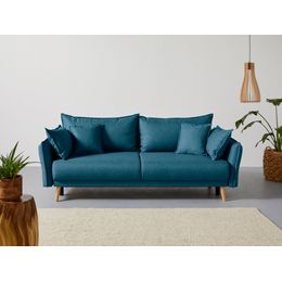 Schlafsofa Home Affaire "Granbo", blau (petrol), B:228cm H:95cm T:104cm, 100% Polyester, Sofas, Schlafsofa, incl. Bettfunktion und Bettkasten, Federkern-Polsterung, Seitentasche