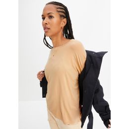 T-Shirt bonprix, Damen, Gr. 44/46 (L), latte macchiato, Jersey, Obermaterial: 95% Viskose, 5% Elasthan, unifarben, oversize Po-bedeckend, U-Boot-Ausschnitt, Shirts T-Shirt, Oversize-Passform, Halbarm, U-Boot Ausschnitt