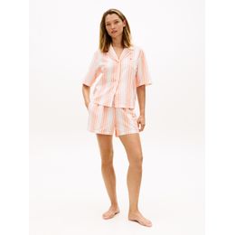 Shorty, Damen, Gr. L (40), tennis court stripe peach, Web, Obermaterial: 88% Baumwolle, 12% Leinen, Tommy Hilfiger Underwear, regular fit ca. Mitte Oberschenkel, Homewear-Sets Shorty, Pyjama-Set aus Leinenmix mit