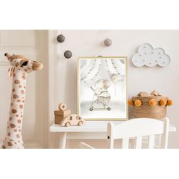 Bild mit Rahmen queence "Elefant auf Roller", wei&szlig; (farbe rahmen: natur, braun, beige, farbe bild(er): wei&szlig;), B:50cm H:70cm T:1,5cm, Holz, Plexiglas, Bilder, Bild mit Rahmen, HD Premium Posterdruck mit Echtholzrahmen