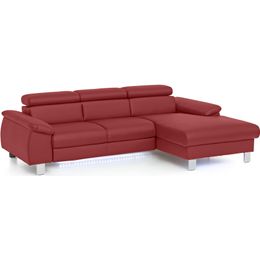 Ecksofa COTTA "Komaris L-Form, B: 244 cm", rot, B:244cm H:72cm T:166cm, Microfaser PRIMABELLE (100% Polyester);Kunstleder SOFTLUX(100%Polyurethan);Feinstruktur (100% Polyester);Kunstleder SOFTLUX/Struktur (100%Polyurethan, 90%Polyester, 10% Polyacryl), Sofas, Ecksofa, mit Kopfteilverstellung, optional Bettfunktion, Bettkasten & Licht