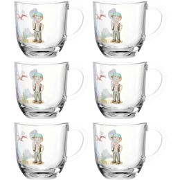 Tasse Leonardo "Dino BAMBINI AVVENTURA", bunt (mehrfarbig), H:9cm &Oslash;:8,4cm, Glas, Trinkgef&auml;&szlig;e, Tasse, 280 ml, 6-teilig