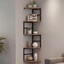 Eckregal MCW-O99, H&auml;ngeregal Wandregal Winkelregal, 5 Ebenen Industrial Metall Melamin MVG 128x30x30cm ~ braun