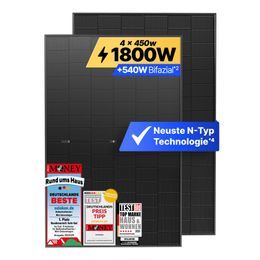 Solakon Solarmodul 450W, N-Type bifaziales monokristallines Glas-Glas Solarpanel, 40v Photovoltaik Solarmodule/Solar Module f&uuml;r Balkonkraftwerk/Solaranlage, Solar Panel f&uuml;r Photovoltaik Komplettanlage (4 Stk)