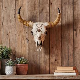 Deko Sch&auml;del MCW-Q11, Polyresin Stier Bulle Longhorn Kopf Troph&auml;e mit Verzierung, In-/Outdoor 41cm