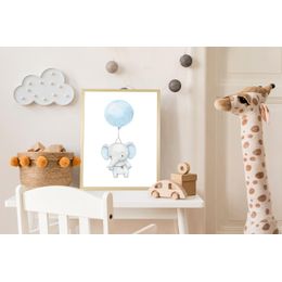 Bild mit Rahmen queence "Fliegender Elefant mit Ballon", blau (farbe rahmen: natur, braun, beige, farbe bild(er): blau), B:50cm H:70cm T:1,5cm, Holz, Plexiglas, Bilder, Bild mit Rahmen, HD Premium Posterdruck mit Echtholzrahmen