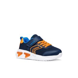 Sneaker Geox "J ASSISTER BOY", M&auml;dchen, Gr. 32, navy, orange, Lederimitat, Textil, kontrastfarbene Details, Schuhe Sneaker, Klettschuh mit Blinkfunktion, Gr&ouml;&szlig;enschablone zum Download