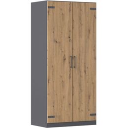 Dreht&uuml;renschrank Rauch "Kleiderschrank Jugendzimmer Kinderzimmer Stauraum Topseller Holmes", grau (graumetallic, eiche artisan), B:91cm H:197cm T:54cm, Holzwerkstoff, Schr&auml;nke, Dreht&uuml;renschrank, Breite 91/H&ouml;he 197/Tiefe 54cm - Industrial Style - MADE IN GERMANY
