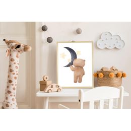 Bild mit Rahmen queence "B&auml;r mit Halbmond", braun (farbe rahmen: natur, braun, beige, farbe bild(er): braun), B:50cm H:70cm T:1,5cm, Holz, Plexiglas, Bilder, Bild mit Rahmen, HD Premium Posterdruck mit Echtholzrahmen