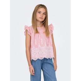 Blusentop KIDS Only "KOGBONDI LIFE S/L EMB FRILL TOP WVN", M&auml;dchen, Gr. 152, barbados cherry stripes:cloud dancer, Web, Obermaterial: 100% Baumwolle, gestreift, figurumspielend normal, Rundhals, Fl&uuml;gel&auml;rmel R&uuml;schen, Blusen Blusentop