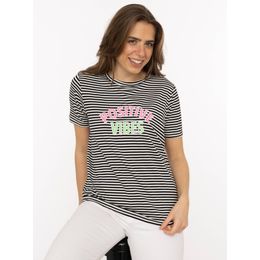 T-Shirt Zwillingsherz "Positive Vibes", Damen, Gr. L, marine, Web, Obermaterial: 95% Viskose, 5% Elasthan, bestickt, geringelt, bequem h&uuml;ftbedeckend, Rundhals, gerader Abschluss, Shirts T-Shirt, gestickter Statement Schriftzug, Rundhals