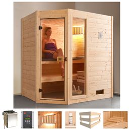 Sauna Weka "Valida Eck 1", beige (natur), Bio-Kombiofen, externe Steuerung, 4,5 kW, Saunen, Sauna, 4,5 kW Bio-Kombiofen mit ext. Strg., Fenster