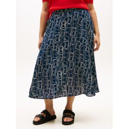 A-Linien-Rock Tommy Hilfiger Curve "CRV ESS LINEN FLARE SKIRT", Damen, Gr. 48, flag feathers schwarz night navy, Web, Obermaterial: 100% Leinen, bedruckt, relaxed fit ca. Mitte Wade, R&ouml;cke A-Linien-Rock, in gro&szlig;en Gr&ouml;&szlig;en, ausgestellte Form