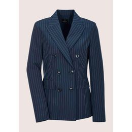 Madeleine Mode Jackenblazer MADELEINE "Blazer Longblazer mit Nadelstreifen", Damen, Gr. 46, blau (nachtblau, wollwei&szlig;), Obermaterial: 63% Polyester PES. 33% Viskose CV. 4% Elasthan EL., Modern, oversize, Blazer Jackenblazer, Doppelt gesetzte Knopfleiste