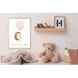 Bild mit Rahmen queence "Fliegender Igel mit Ballon", braun (farbe rahmen: natur, braun, beige, farbe bild(er): braun), B:50cm H:70cm T:1,5cm, Holz, Plexiglas, Bilder, Bild mit Rahmen, HD Premium Posterdruck mit Echtholzrahmen