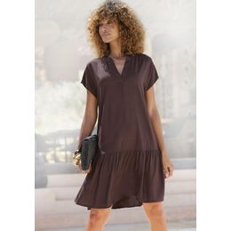Blusenkleid Lascana, Damen, Gr. 46, N-Gr, dunkelbraun, Web, Obermaterial: 100% Viskose, unifarben, figurumspielend ca. Mitte Oberschenkel, V-Ausschnitt, Kleider Blusenkleid, mit Volant am Rock