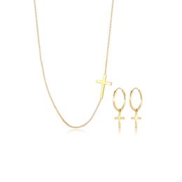 Ohrring und Ketten Set Elli "Schmuckset Kette Creolen Ohrringe Kreuz Religion 925 Silber" Gr. 45, gold, Schmuck_Sets, Damen, Blacklist, Silber 925 (Sterlingsilber), Ohrring und Ketten Set
