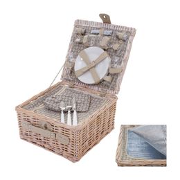 MCW Picknicktasche f&uuml;r 4 Personen, Picknickkorb-Set + K&uuml;hlfach, Porzellan Glas Edelstahl, beige