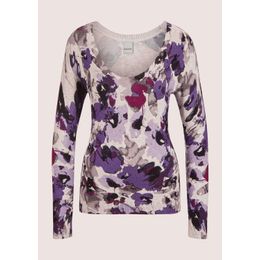Madeleine Mode Longpullover MADELEINE "Pullover Feinstrick-Pullover mit Unikat-Print", Damen, Gr. 34, grau (grau, kristalllila, multicolor), Obermaterial: 82% Viskose CV. 12% Polyamid PA. 6% Elasthan EL., Modern, normal, Pullover Longpullover