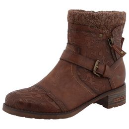 Winterstiefelette Mustang Shoes "Fabienne", Damen, Gr. 39, braun (cognac), Lederimitat, Textil, Basic, Schuhe Winterstiefelette, Biker Boots mit Blockabsatz und Zierriemchen