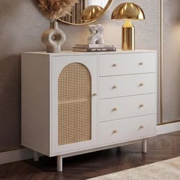 Kommode MCW-P52, Schrank Sideboard Highboard, Schubladen Stauf&auml;cher, Poly-Rattan MDF Melamin 95x100x40cm ~ wei&szlig;