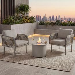 Poly-Rattan Garnitur MCW-P80, Lounge-Set Garten Stuhl, Tischkamin Bioethanol-Fire-Pit Alu Stoff 220g/m&sup2; ~ creme-beige