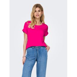 T-Shirt Only "ONLMOSTER &ndash; Kurzarmshirt mit Aufschlag und klassischem Look", Damen, Gr. M, pink glo, Jersey, Obermaterial: 75% Viskose, 20% Polyester, 5% Elasthan, unifarben, regular fit normal, Rundhals, mit Aufschlag, Shirts T-Shirt, Viskosemischung, regular fit