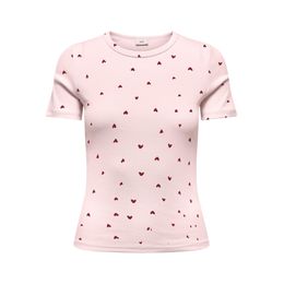 Jacqueline de Yong Kurzarmshirt JDY "JDYLUCKY S/S O NECK TOP JRS DIA", Damen, Gr. XL, pink dogwood aop:rhubarb hearts, Jersey, Obermaterial: 95% Baumwolle, 5% Elasthan, bedruckt, slim fit normal, Rundhals, Shirts Kurzarmshirt