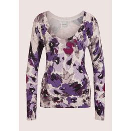 Madeleine Mode Longpullover MADELEINE "Pullover Feinstrick-Pullover mit Unikat-Print", Damen, Gr. 44/46, grau (grau, kristalllila, multicolor), Obermaterial: 82% Viskose CV. 12% Polyamid PA. 6% Elasthan EL., Modern, normal, Pullover Longpullover