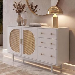 Sideboard MCW-P52, Schrank Kommode Highboard, Schubladen Stauf&auml;cher, Poly-Rattan MDF Melamin 80x120x40cm ~ wei&szlig;
